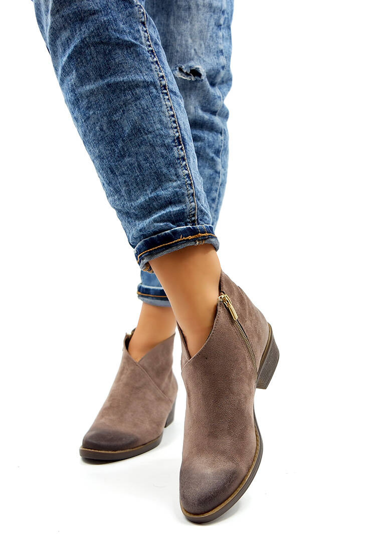 Damskie brązowe taupe niskie botki kwiaty zamsz beżowy / brązowy ...