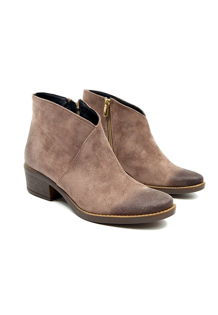 Damskie brązowe taupe niskie botki kwiaty zamsz beżowy / brązowy ...